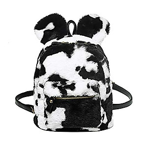 Women Faux Fur Backpack Cute Ear Cow Print Satchel Shoulder Bag Purse Fluffy Plush Fashion Casual Daypack