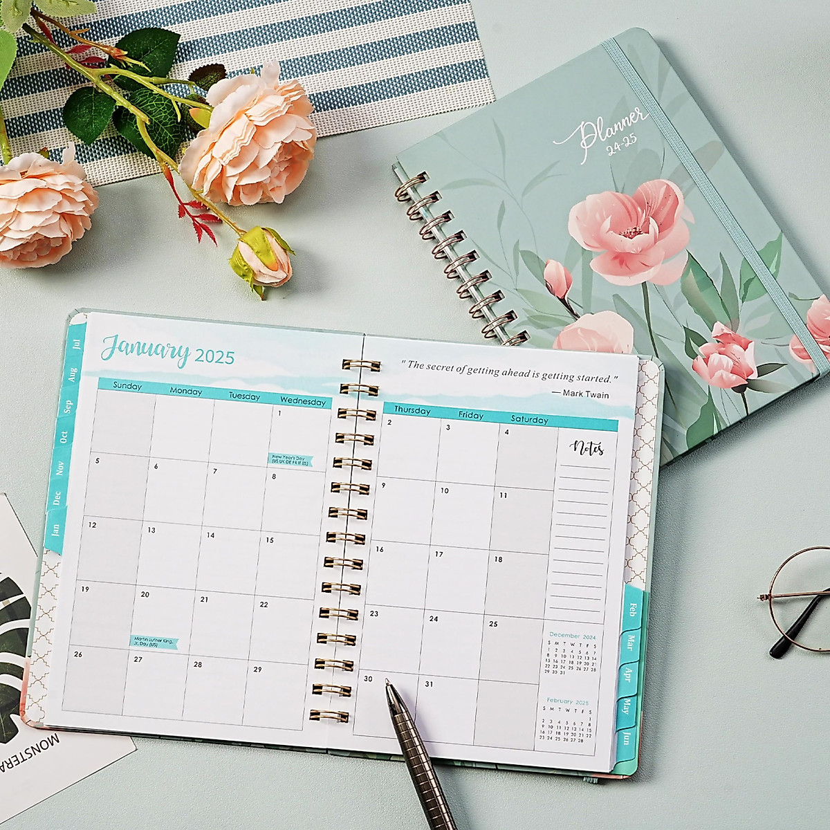 2024-2025 Planner - Planenr 2024-2025, July 2024 - June 2025, 2024-2025 planner weekly and monthly with Tabs, 6.4" x 8.5", Hardcover with Back Pocket + Thick Paper + Twin-Wire Binding - Green