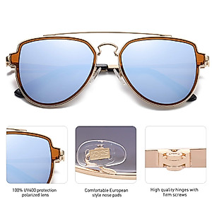 SOJOS Retro Polarized Double Bridge Sunglasses for Men Women Mirrored Lens SJ1051 with Gold Frame/Dusty Blue Mirrored Lens