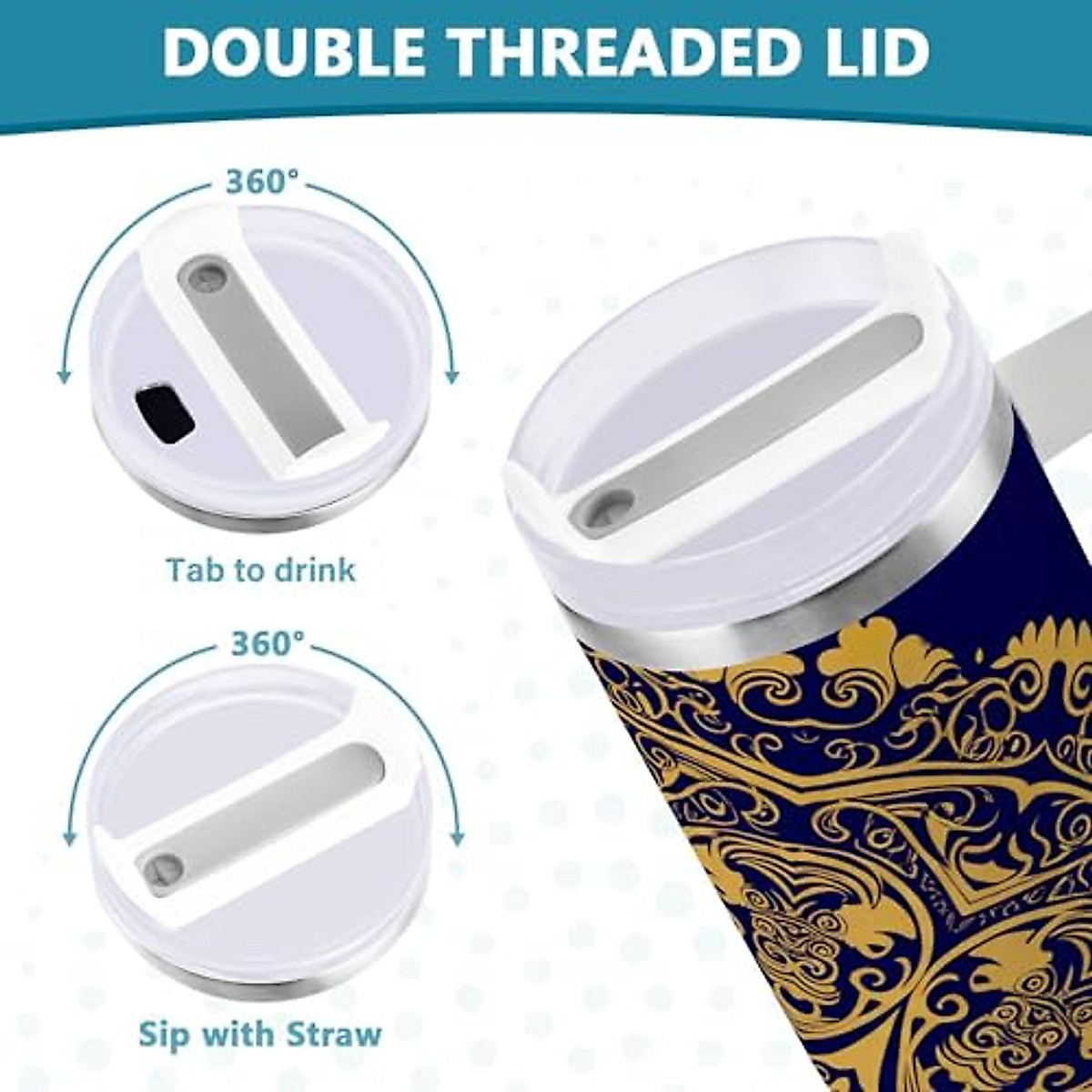 RPLIFE Intricate Swirls and Floral Navy Tumbler with Handle, Stainless Steel Mug, Cups with Lids and Straws
