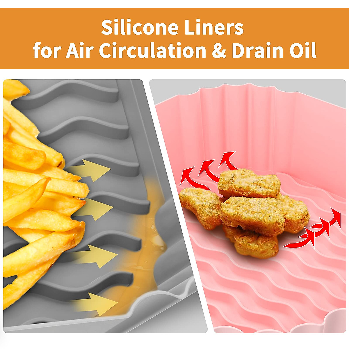 OUTXE 2-Pack Square Silicone Air Fryer Liners 8 inch for 4 to 7 QT, OUTXE 2-Pack Dual Air fryer Silicone Liners for 8 to 10 QT Ninja DZ201/ DZ401