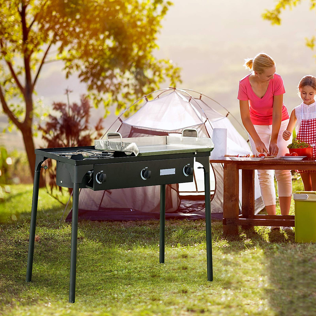 Happygrill Outdoor Camping Stove 3-Burner High Pressure Propane Gas Camp Stove with Detachable Legs