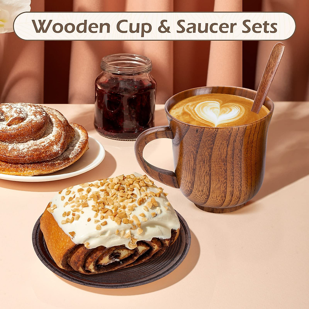 ORYOUGO Handmade Wooden Coffee Mug Cup Spoon Coaster Set,Eco Friendly Serving Tableware Flatware Set for Office Desk Drink Coffee or Tea