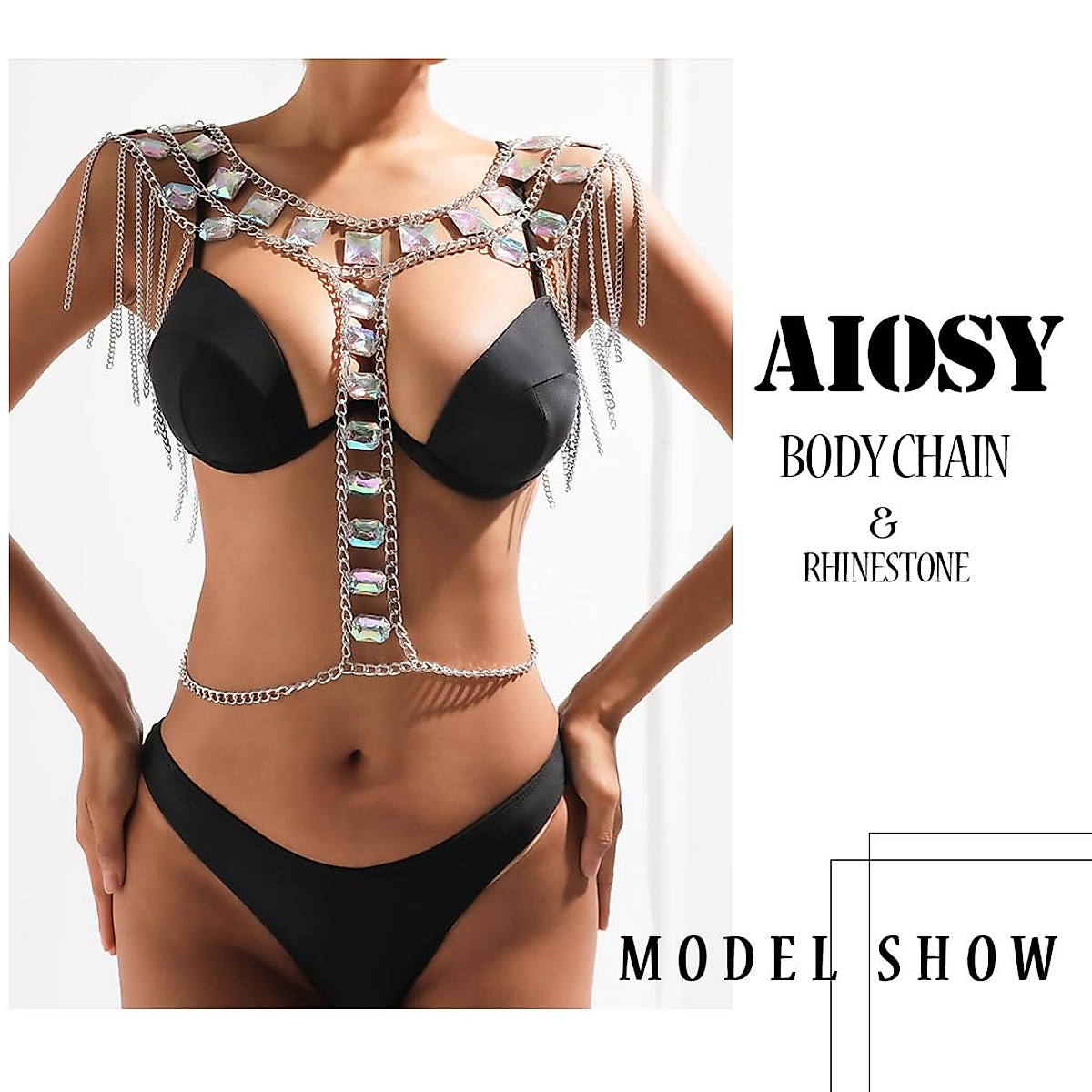 Aiosy Sparkly Rhinestone Body Chain Bra Silver Women Crystal Backless Tassel Chest Chains Bikini Halter Mesh Tops Layered Rave Outfits Jewelry Sexy Harness Body Accessories for Nightclub Festival