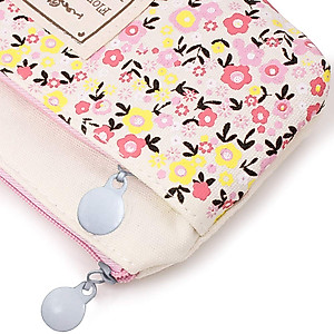 4 Pack Flower Floral Canvas Pen Pencil Cases Makeup Bags, FineGood Stationery Pouch Holders with Double Zippers for School Students Kids, with 2 Hang Ropes - Dark Blue, Light Blue, Pink, Cream