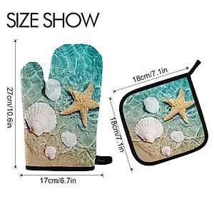 Starfish Seashell Summer Oven Mitts and Pot Holders Sets Beach Sea Water Hot Pads Heat Resistant Cooking Gloves Handling Kitchen Cookware Bakeware BBQ