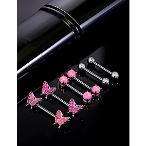 Vsnnsns 14G Nipple Rings for Women Stainless Steel Butterfly Nipple Rings Opal Nipple Piercing Jewelry Straight bar Nipple Rings Surgical Steel Nipple Jewelry Barbell Body Piercing Jewelry Pink