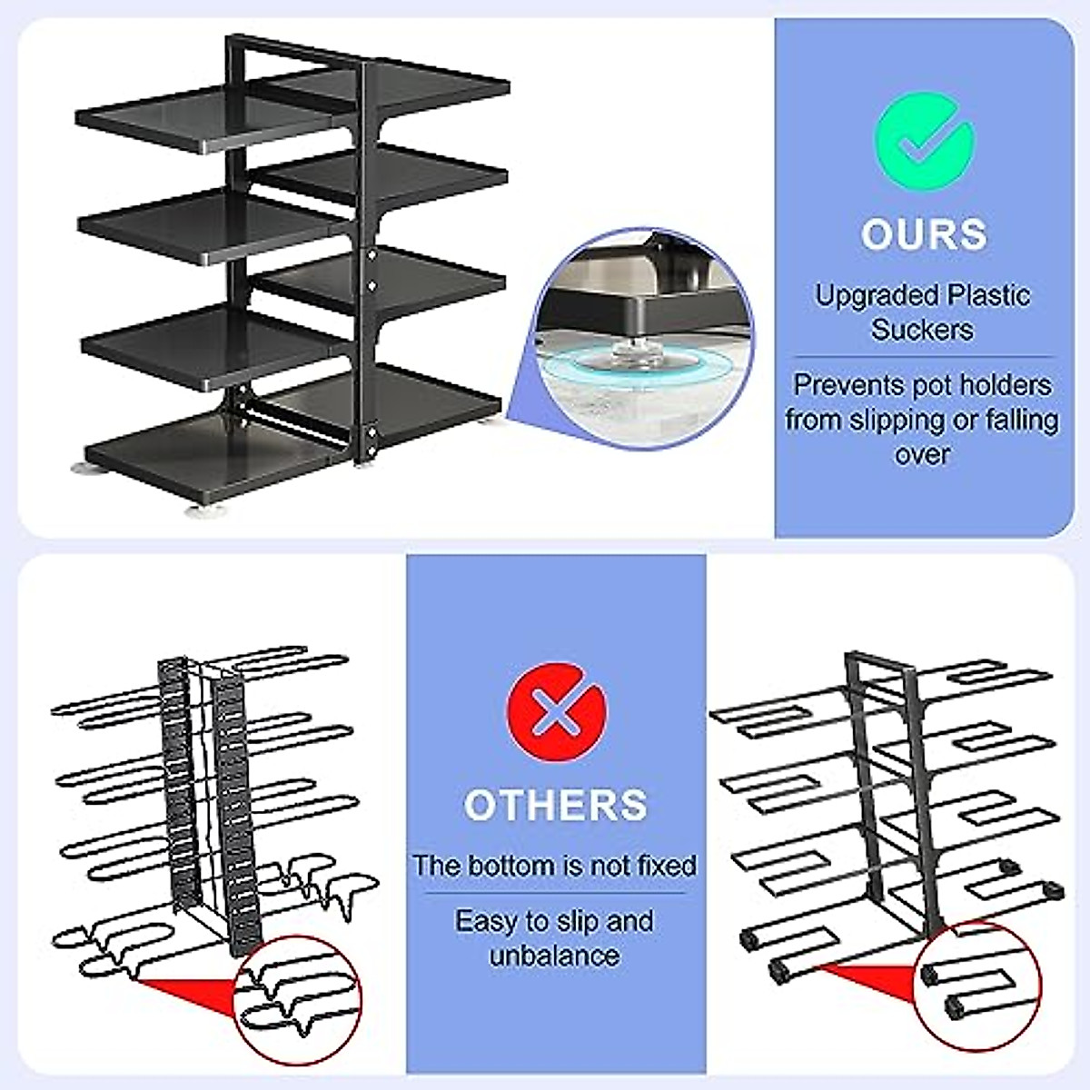 Pots and Pans Organizer for Cabinet, 8 Tier 21” Adjustable Cabinet Pan Organizer Rack Heavy Duty Pot Rack for Kitchen Storage, Snap-on Pot Pan Organizer with Panels for Stockpot and Steamer (Square)