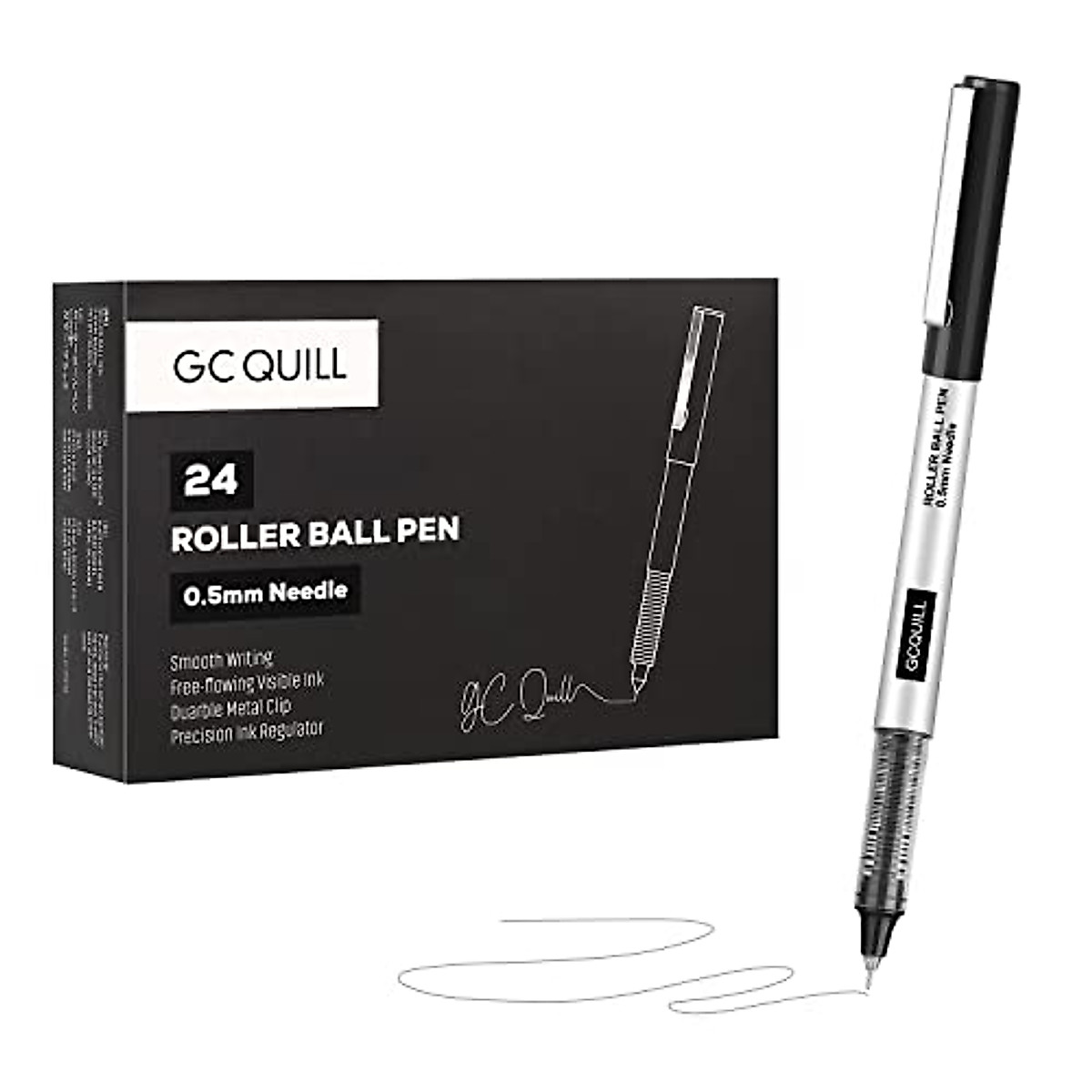 GC QUILL Rollerball Pens, Pack of 24, 0.5mm Black Liquid Ink Pens for Bullet Journaling, Fine Point Rollerball, Office Supplies for Writing, Taking Notes & Sketching BK24