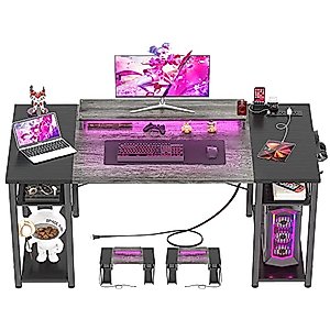 armocity Computer Desk with LED Lights, 48 Inch Desk with Power Outlet and USB, Reversible Large Desk with Moveable Monitor Stand, 48'' Gaming PC Table for Home Office, Workstation, Grey and Black