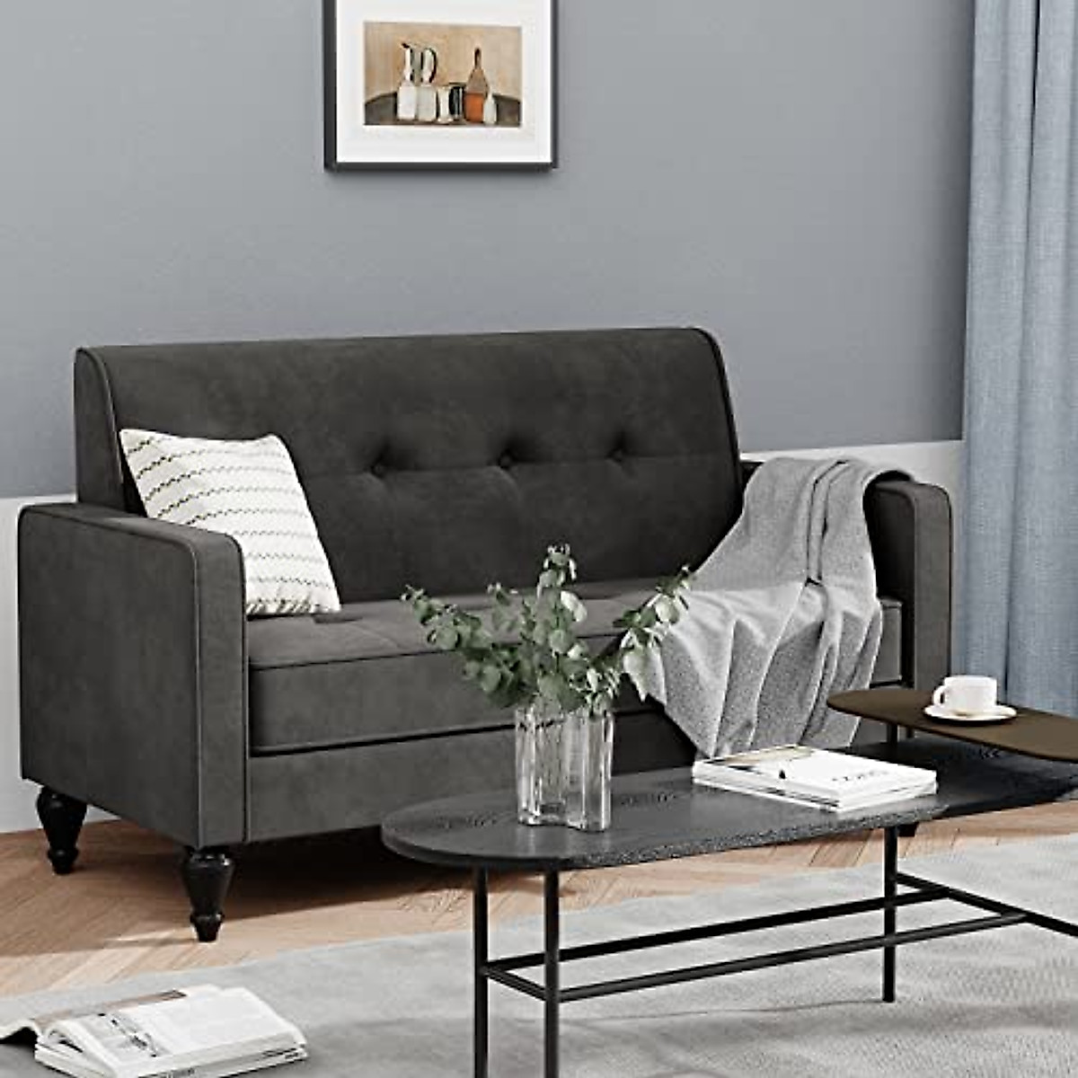 ALISH Upholstered Loveseat Sofa Couch, Modern Love-seat Settee Small Sofa Couch Dining Bench Button Tufted Mini Sofa Couches for Living Room Bedroom, Gray