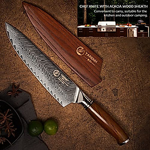 YARENH Damascus Chef Knife 8 Inch with Sheath, Professional Kitchen Knife, 73 Layers Japanese Damascus High Carbon Steel, Full Tang Sandalwood Handle, FYW Series