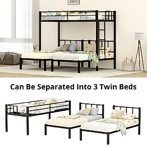 INCLAKE Triple Bunk Bed, Metal Twin Over Twin & Twin Bunk Beds for 3 with Guardrails, Ladder & Upper-Bed Platform, Detachable 3 Bunk Beds for Children, Teens, Adults, No Box Spring Needed, Black