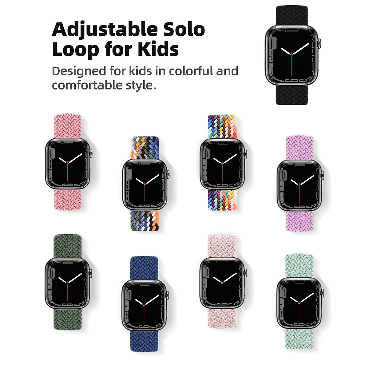 OWKEY Braided Solo Loop Compatible with Kids Apple Watch Band, Stretchy Breathable Strap with Easy Buckle for iWatch Series 9 8 7 6 5 4 3 SE SE2 Girls Boys Small Wrists