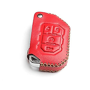 WFMJ Leather for 2018 2019 2020 2021 2022 2023 Jeep Wrangler JL Gladiator JT JLU Remote Flip 4 Buttons Key Fob Case Cover Chain (Red)