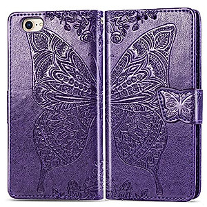 KRHGEIK Wallet Case for iPhone SE 2020/SE 2022/iPhone 8/iPhone 7,Women Butterfly Embossed PU Leather Stand Card Slots Wrist Strap Flip Folio Cover for iPhone 6/6S/7/8/SE 2nd/SE 3rd Gen (Purple)