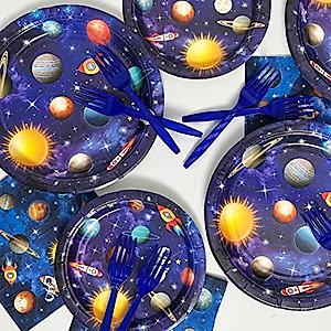 Tevxj 96 Pieces Outer Space Party Decorations Supplies Galaxy Party Tableware Set Outer Space Birthday Party Dessert Plates Napkins Forks for 24 Guests Boy or Girl Party Favors