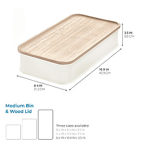 iDesign Recycled Plastic Medium Storage Bin with Paulownia Wood Lid, 8.4" x 16.9" x 3", Coconut