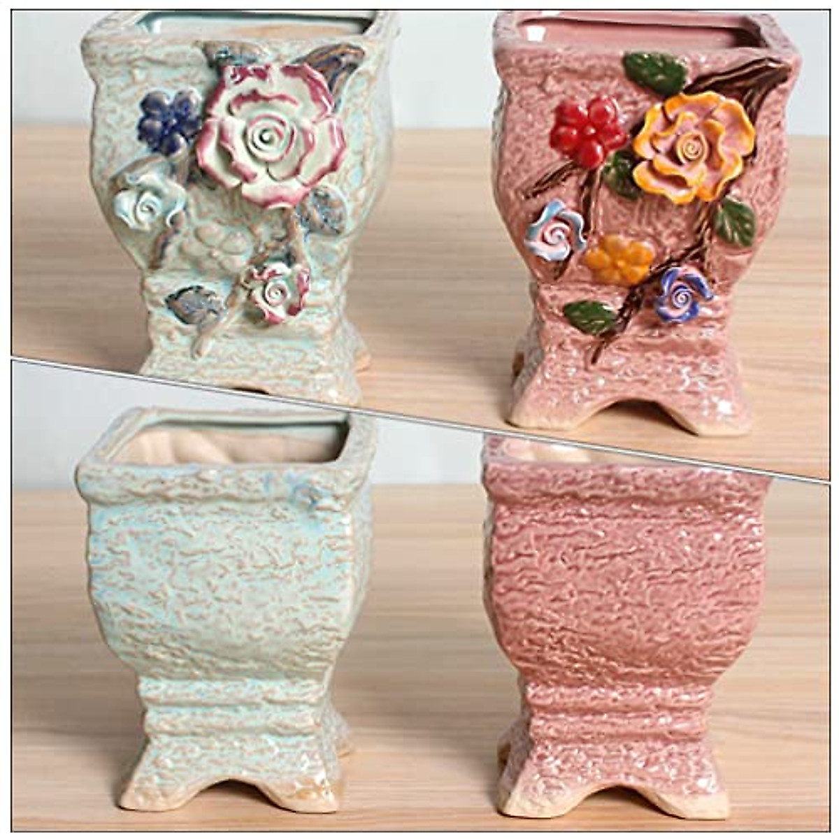 VOSAREA Hand Painted Square Succulent Planter Cactus Planter Pot Bonsai Pot Clay Pot Flower Pot Floral Design Random Color