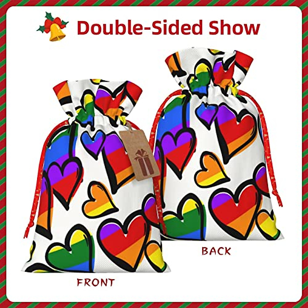 Rainbow Colored Gay Pride Heartschristmas Drawstring Gift Bag, Linen Drawstring Gift Bag, Reusable Drawstring Gift Bag, Used For Christmas, Birthday, Wedding Supplies