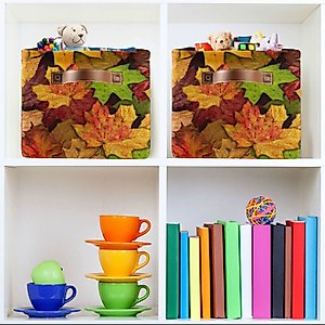 Dry Autumn Leaves Storage Basket Fall Maple Tree Storage Organizer Box Bin Large Collapsible Cube Baskets with PU Handles for Shelf Closet Nursery Laundry 1 Pack