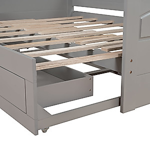 CITYLIGHT Twin to King Daybed with Storage Drawers, Wood Extendable Daybed with Trundle, Kids Sofa Bed Frame for Bedroom Living Room, No Box Spring Needed (Twin to King, Gray)