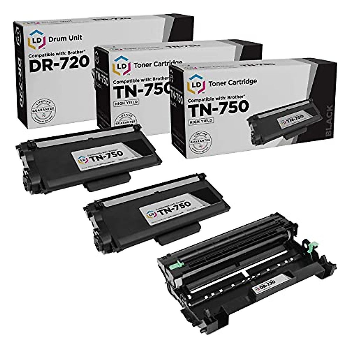 LD Products Compatible Toner Cartridge & Drum Unit Replacements for Brother TN750 High Yield & DR720 (2 Toners, 1 Drum, 3-Pack)