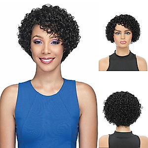 MOWCAW Short Curly Human Hair Wigs for Black Women 8 Inch Short Curly Wig Brazilian Deep Wave Side Part Pixie Cut Glueless Wigs Afro Kinky Bob Wig （Black