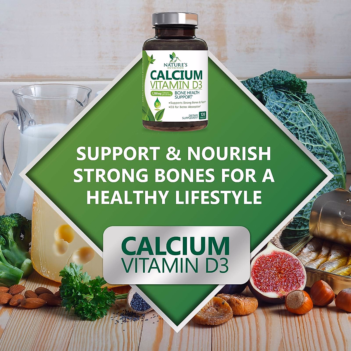 Calcium 1200 mg Plus Vitamin D3, Bone Health & Immune Support - Nature's Calcium Supplement with Extra Strength Vitamin D for Extra Strength Carbonate Absorption Dietary Supplement - 120 Tablets