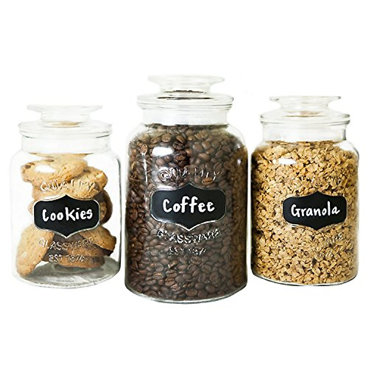 Godinger Airtight Glass Canisters Set of 3 - Round Clear Storage Containers with Sealed Lids, Chalkboard Jar Set of 3, Chalk Included – Perfect Housewarming Gift