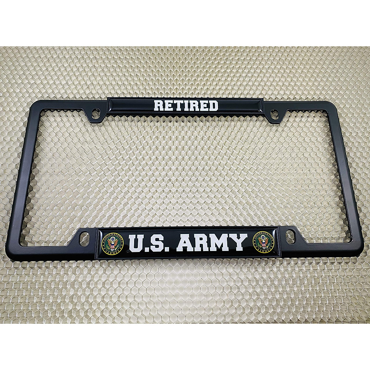 [Officially Licensed Product] - U.S. Army Retired - Domed Custom-Made Personalized Narrow (Thin) Top 4 Hole Metal Car License Plate Frame with Free caps - Black (Quantity: 1 Frame)