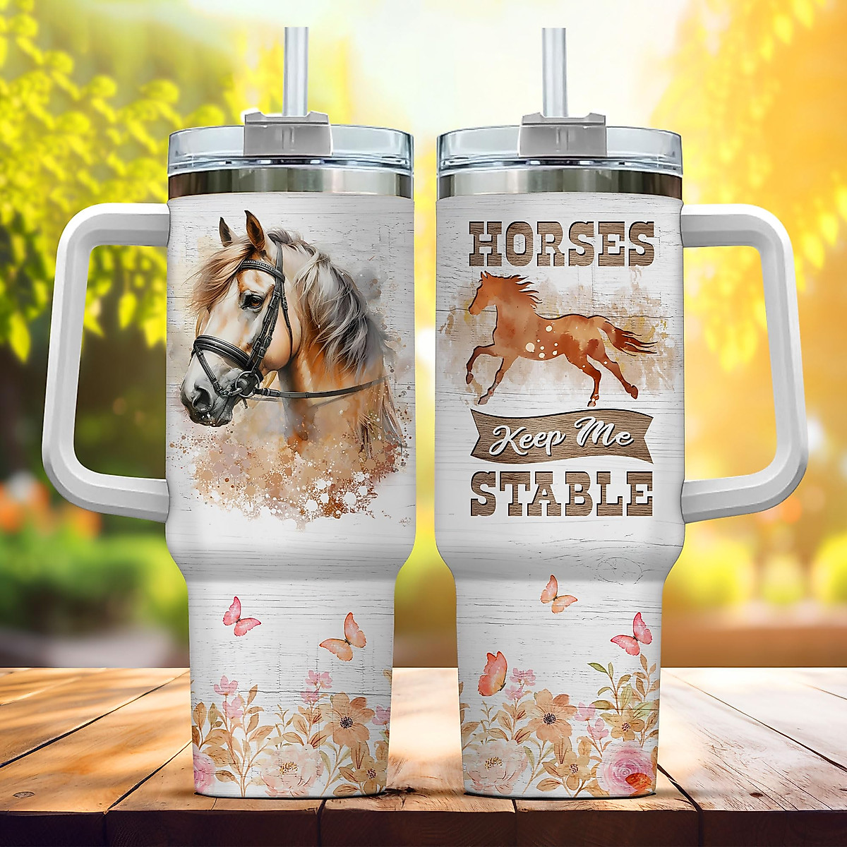 99WHALE Horse Stable Watercolor Floral, Tumbler 40 Oz With Handle Lid And Straw, For Keep Handle Coffee Me Cups Women Lovers Horses Tumblers Flower, Horse Gifts
