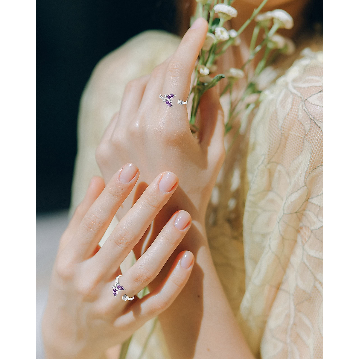 STARCHENIE Adjustable Butterfly Ring 925 Sterling Silver Jewelry for Women Amethyst Size 7