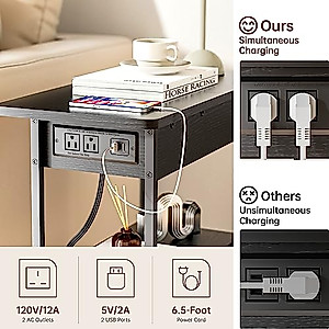 HOUIT End Table with Charging Station, Narrow Flip Top Side Table with USB Ports and Outlets, Nightstand with Storage for Small Spaces, Bedside Tables for Living Room, Bedroom - Black