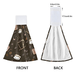 Qilmy Coffee Theme Hanging Kitchen Towel Set of 2, Absorbent Tie Towel Tea Bar Dish Towels for Kitchen Bathroom Home Decor 12 x 17 Inch
