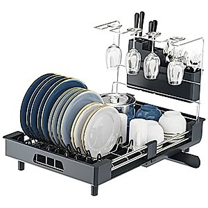 ROTTOGOON Dish Drying Rack, Stainless Steel Large Dish Rack, Expandable (12.8"-19.1") Dish Drainer with Swivel Spout, Utensil Holder, Cup Holder and Wine Glass Holder for Kitchen Counter Cabinet, Gray