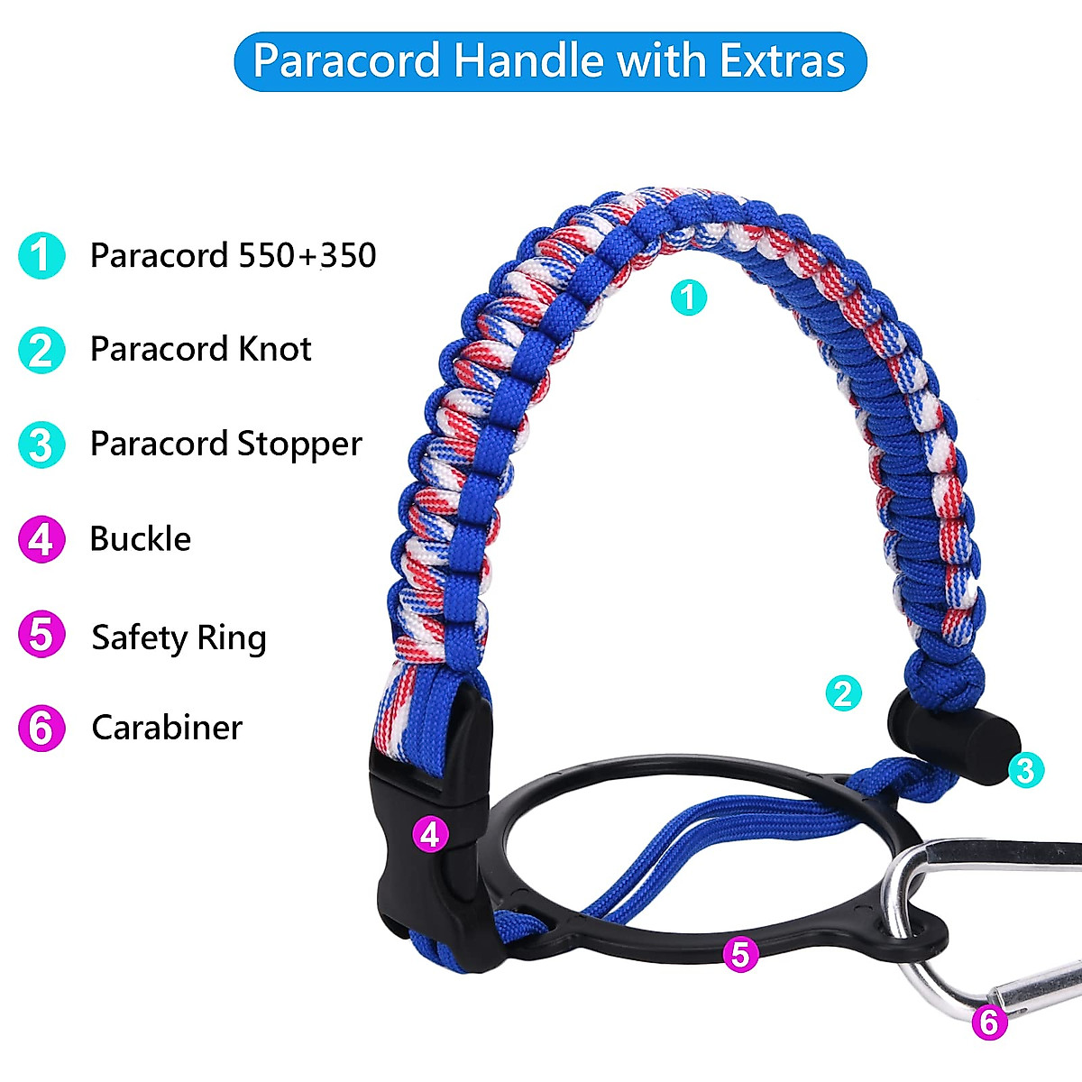 Wongeto Paracord Handle with Shoulder Strap,Compatible with Hydro Flask Wide Mouth Water Bottles 12oz - 64 oz（Not for The New Hydro Flask 2.0,Bottle Strap for Walking Hiking Camping(Blue&Red&White)