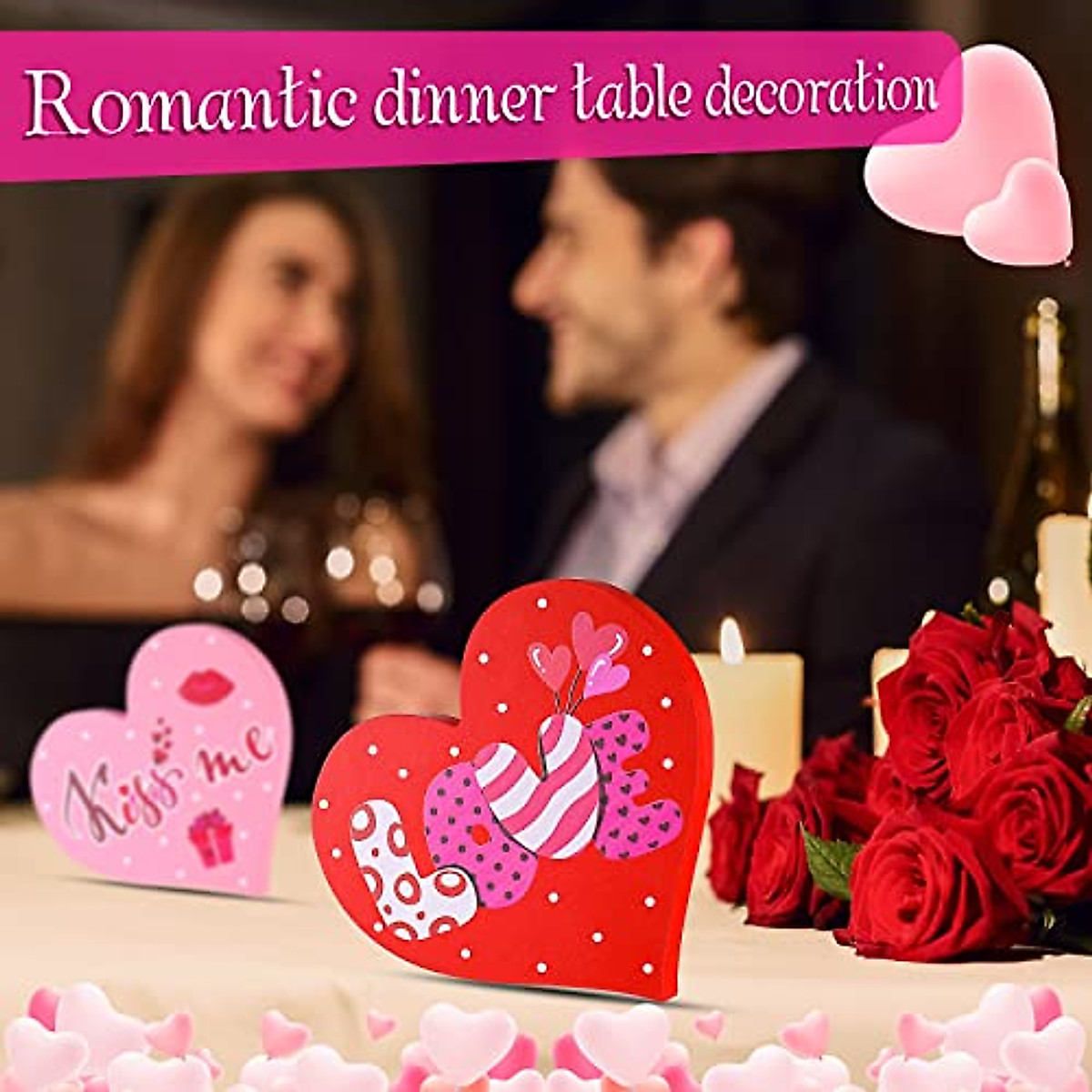 3 Pieces Valentine's Day Table Top Decoration Heart Love XOXO Wooden Signs Wooden Heart Shaped Table Decor Romantic Table Centerpiece Sign Standing Heart Wooden Sign for Table Tiered Tray Home Decor