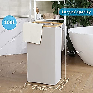 efluky Large Laundry Basket with Lid, 100L Tall Laundry Basket with Bamboo Handles for Clothes and Toys, Collapsible Laundry Hamper with Inner Bag for Bedroom and Bathroom, Light Grey