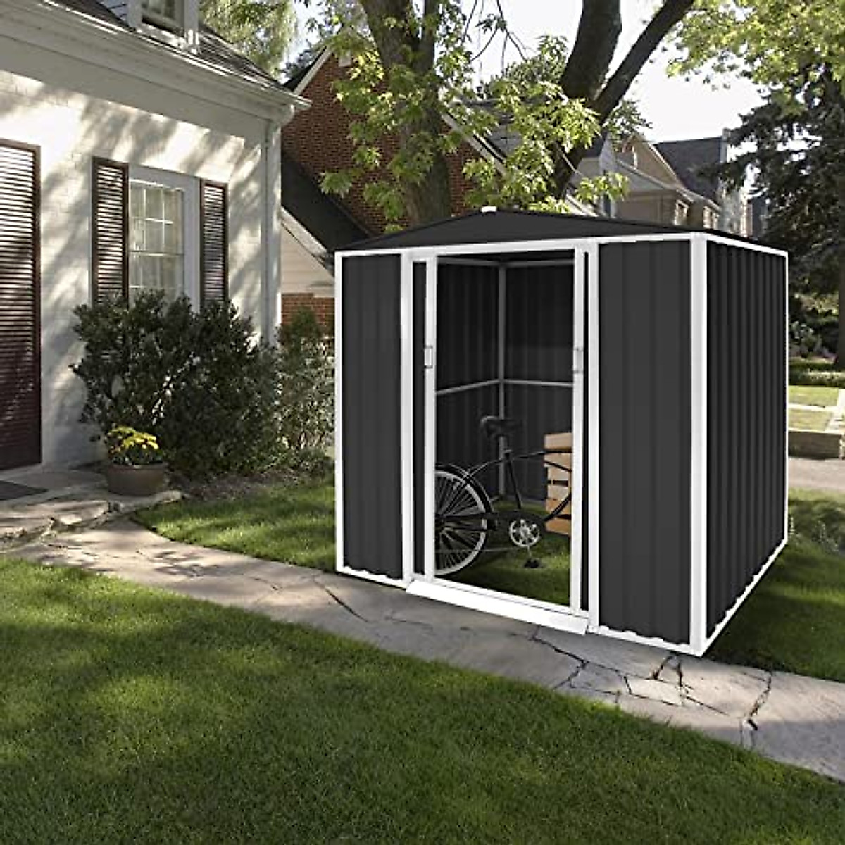 Skiway 4' x 6' Outdoor Garden Storage Shed with Sliding Door, Perfect to Store Patio Furniture, Garden Tools, Bike Accessories, Beach Chairs, Weather Resistance, Dark Grey