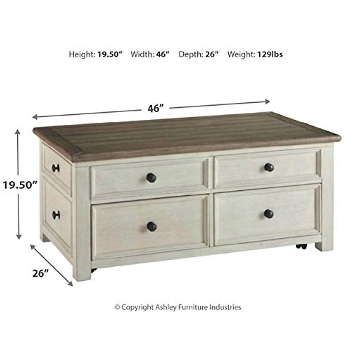 Signature Design by Ashley Bolanburg Farmhouse Lift Top Coffee Table with Drawers, Antique Cream & Brown