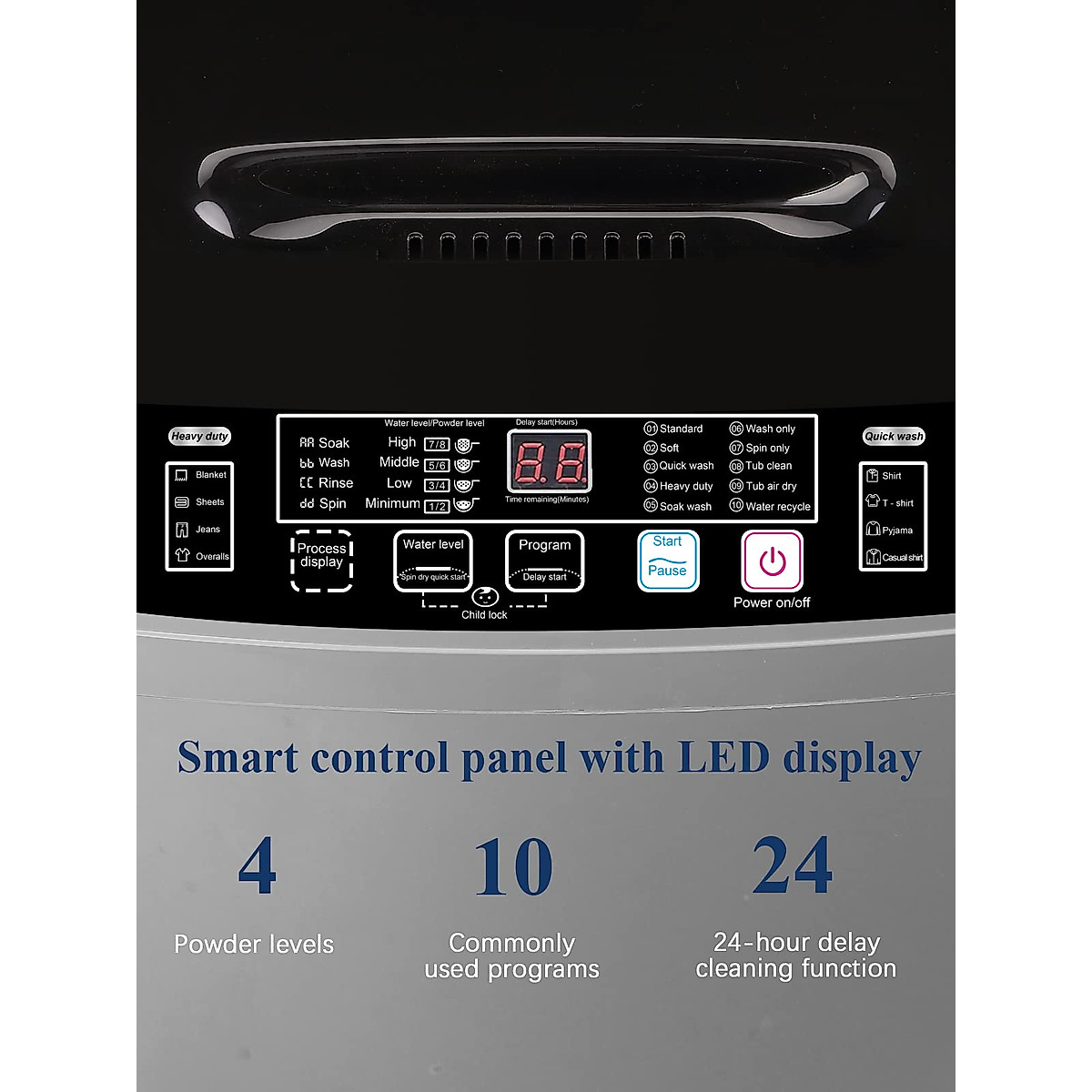 KRIB BLING Full Automatic Washing Machine with LED Display, 17.7 lbs Portable Washer Drain Pump, 10 Programs & 8 Water Levels Selections, Ideal for RV, Camping, Apartment, Dorm, Dark Grey