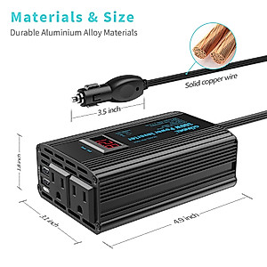300W Power Inverter DC 12V to AC 120V Car Power Converter Adapter with 2x2.4A USB Ports and LED Display Dual AC Outlets【3YRS Warranty】 Black