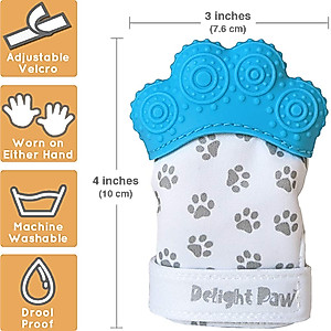 Delight Paw Baby Teething Mitten Mom Designed | Self Soothing Pain Relief | Hygienic Travel Bag | No BPA | Baby Boy Baby Girl | Babies Over 3 Months | Bubbly Blue | 2 Pack