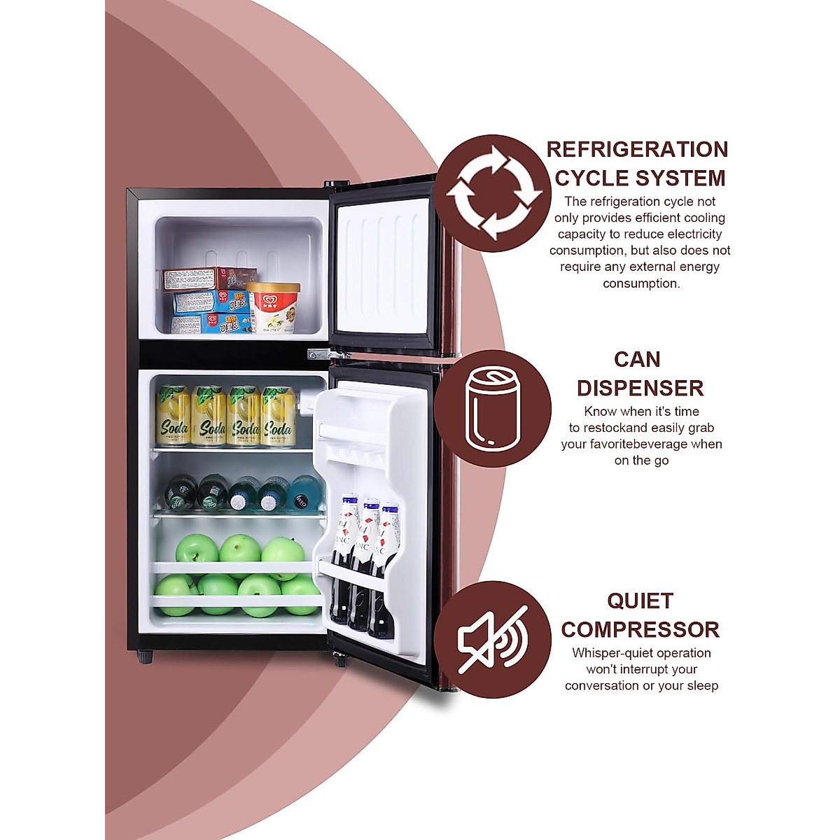 KRIB BLING 3.5 Cu.Ft Refrigerator 2 Door 7 Level Adjustable Thermostat Control Top-Freezer Refrigerator Lock Fresh Energy Saving Wood