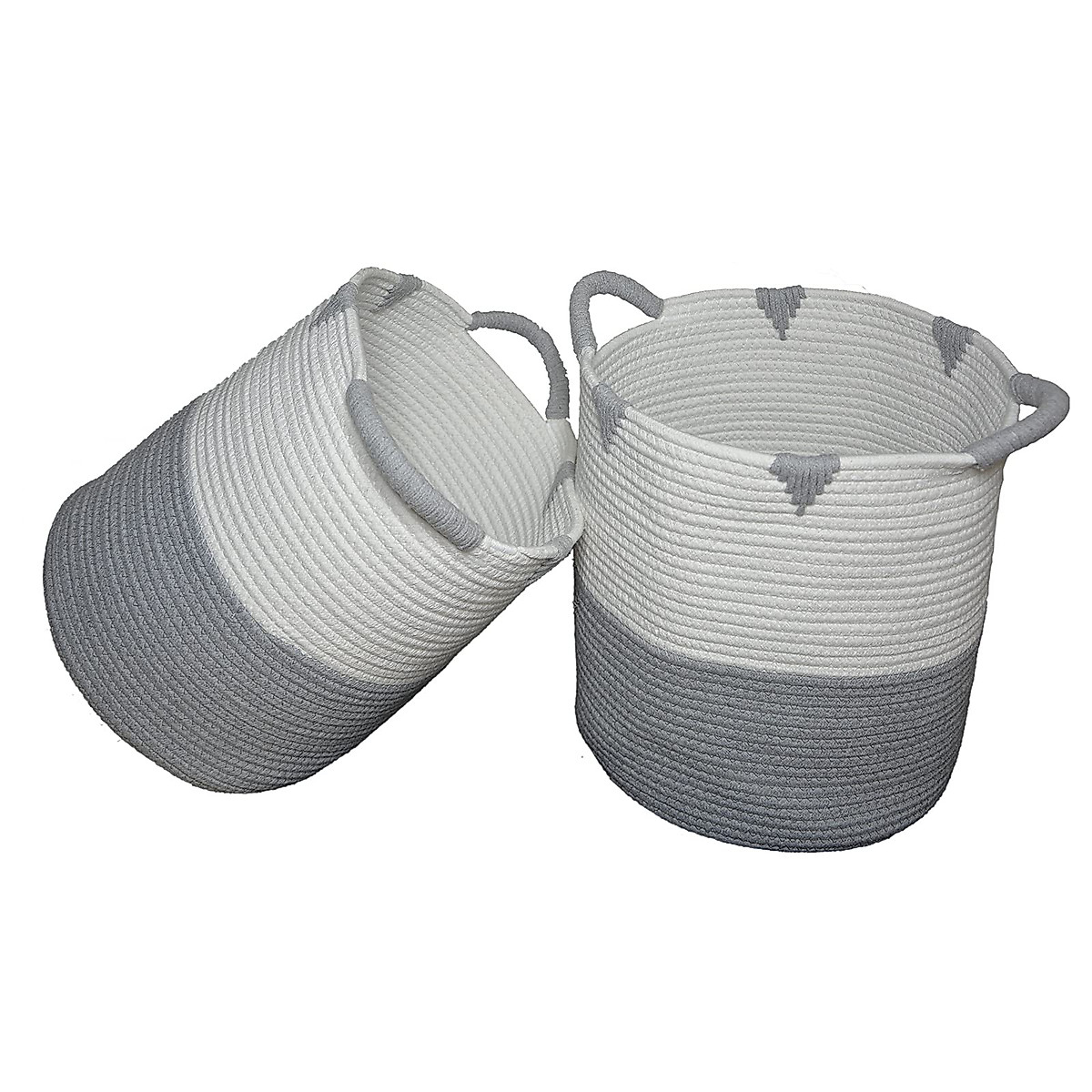 VIEIRO Cotton Rope Storage Baskets,2-Pack 12 inch x12 inch x14 inch Round storage Woven Basket,Cube Storage Bin,Collapsible Laundry Basket In Bedroom,Laundry Room,Nursery and Living Room For kids and Pets Clothes,Toy,Towels,Blanket(White and Gray)