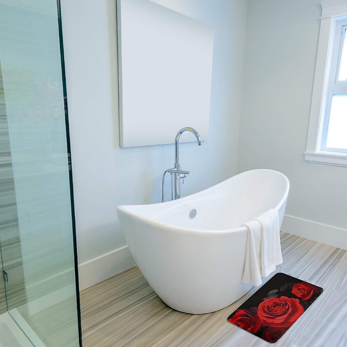 LIVILAN Black Bath Mat, Flower Bathroom Rugs, Red Bath Rugs, 24''X16'', Super Soft and Absorbent Shaggy Plush Red Rose Bath Rugs, Memory Foam Non-Slip.