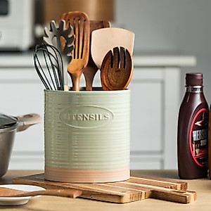 YHOSSEUN Kitchen Utensil Holder, Ceramic Utensil Holder for Kitchen Counter Cooking Utensil Crocks, 6.7" Kitchen Tool Holder Farmhouse Utensil Organizer Storage, Oval Opening, Green