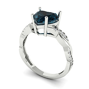 Clara Pucci 2.29 Heart Cut Twisted Solitaire W/Accent Halo Natural London Blue Topaz Bridal Wedding Statement Ring 18K White Gold 7