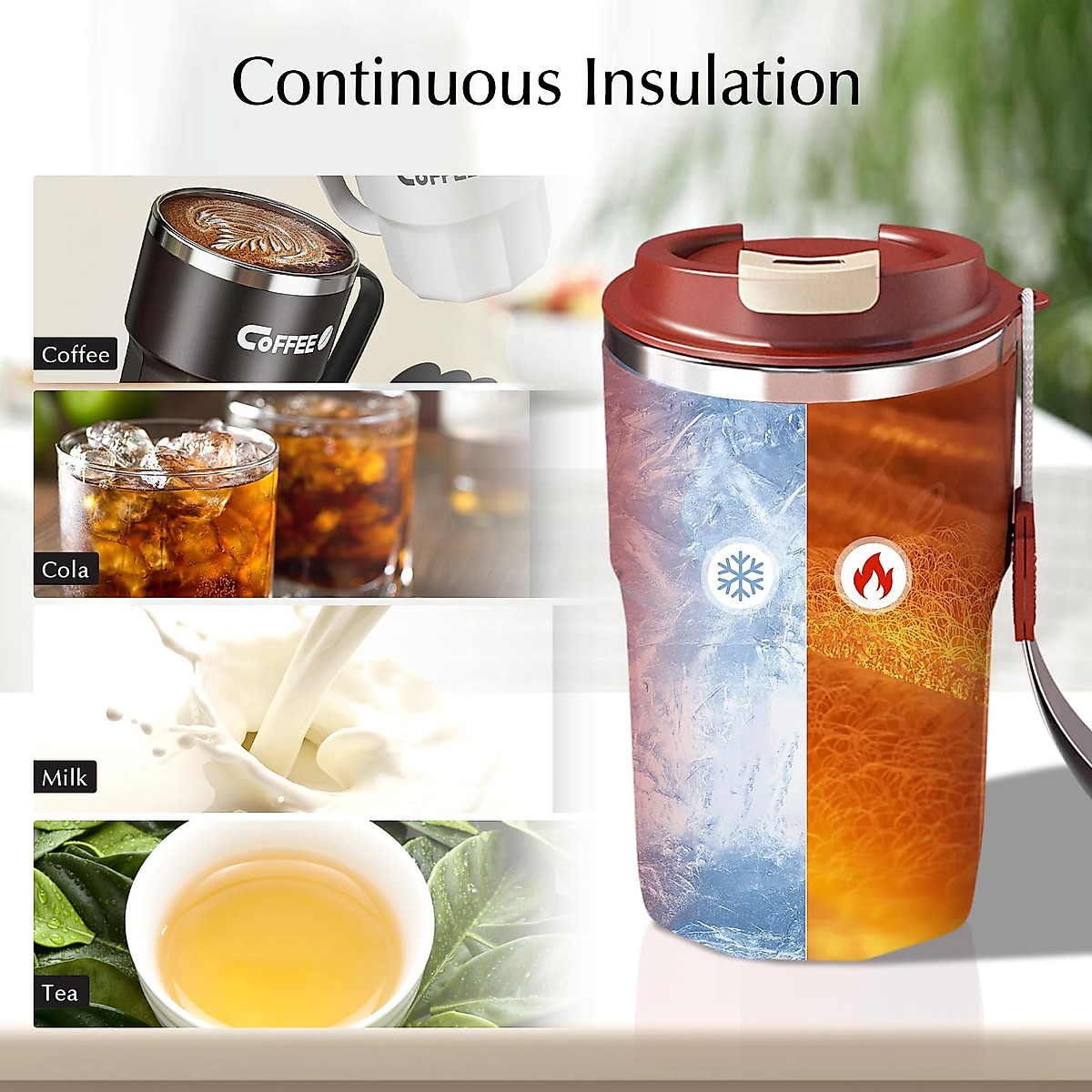 Colawind 16oz Travel Mug, Reusable Coffee Cups with Flip Top Lids, Stainless Steel Coffee Tumbler with Rope, 480ml Red Drink Cup for Iced Tea, Coffee, Water